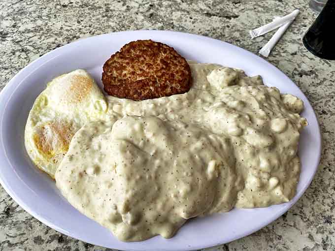 Biscuits and gravy that would make your grandmother both proud and jealous. That sausage gravy blanket is the comfort food equivalent of a weighted anxiety blanket.