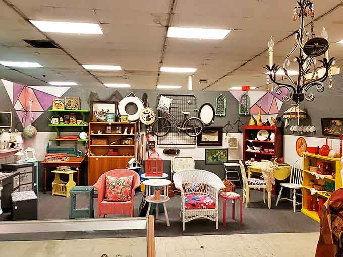 Mid-century furniture heaven where wicker chairs and colorful accents create the perfect set for your imaginary 1960s sitcom reboot.