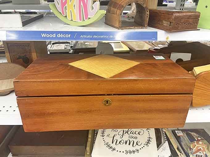 This isn't just a wooden box—it's someone's forgotten keepsake holder, waiting for a second act in your home office or as that missing piece in your living room.
