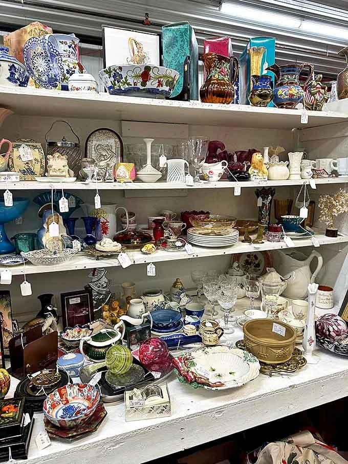 A rainbow of vintage glassware tells stories of dinner parties past &ndash; each pitcher and bowl a conversation piece waiting to happen.