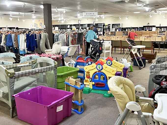 A colorful playground of pre-loved children's items—where plastic playsets and baby gear get their encore performance for a fraction of their original ticket price.