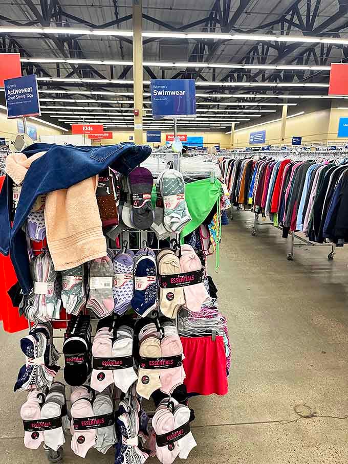Activewear and swimwear sections stand ready for your next adventure. Those $100 workout pants? Here they're waiting for a fraction of retail.