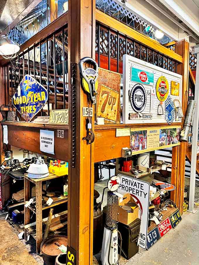 Vintage signs and nostalgic memorabilia create the perfect time capsule. Goodyear, 7UP, Pure&mdash;brands that outlived their original purposes.
