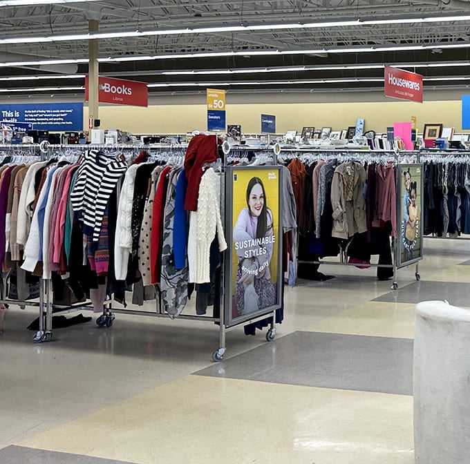 Department signs hover above a sea of clothing like friendly buoys. "Books" and "Housewares" mark the way to your next discovery.