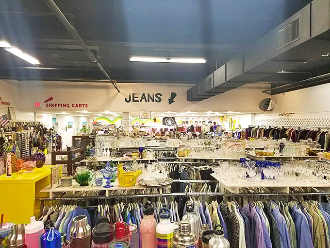 A thrifter's panorama: glassware kingdom meets denim republic. The "JEANS" sign isn't just a label&mdash;it's a siren call to bargain fashionistas everywhere.