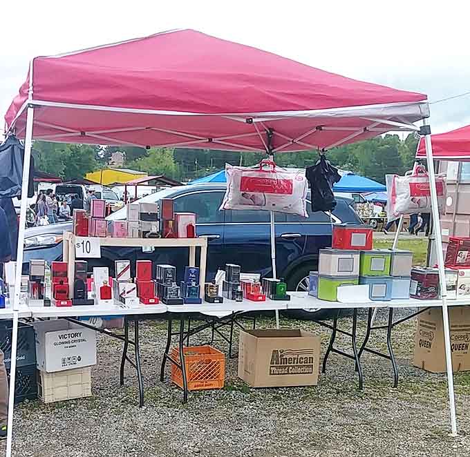 A vendor's carefully arranged electronics display offers everything from speakers to sound systems&mdash;music to a deal-hunter's ears.