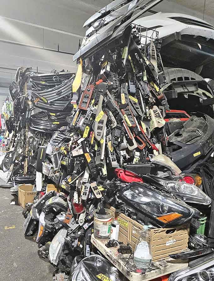 Auto parts stacked with chaotic precision – a mechanical sculpture garden where DIY mechanics find that elusive headlight or mirror they've been seeking.