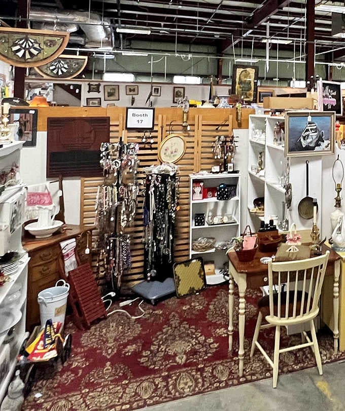 Booth 17 showcases the beautiful chaos of collecting. That wooden chair has probably heard more family secrets than a therapist's couch.