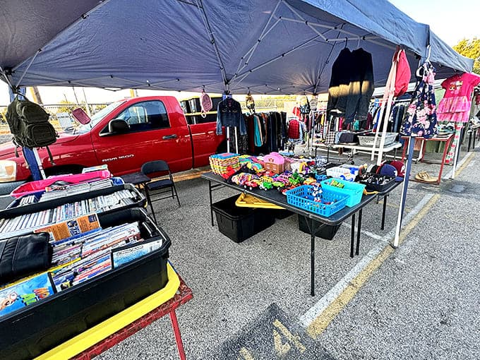 Pop-up shops under portable canopies offer everything from DVDs to household items at wallet-friendly prices.
