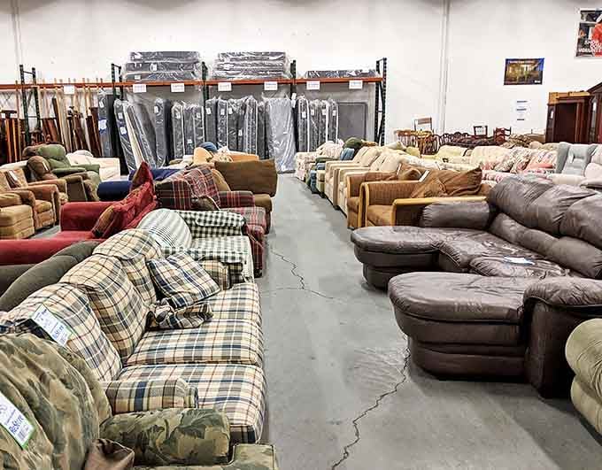 Sofa city! From plaid patterns that scream "1990s sitcom" to leather pieces waiting for their second act. One person's castoff is another's conversation piece.