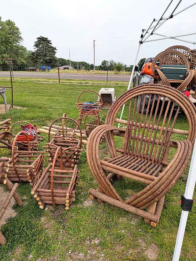 Rustic twig furniture waits for its forever home&mdash;handcrafted pieces that whisper "cabin in the woods" even if they're destined for suburban patios.