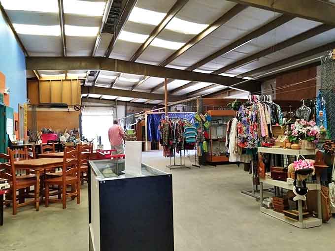 The indoor section offers respite from the New Mexico sun and a carefully arranged cornucopia of clothing, furniture, and collectibles.