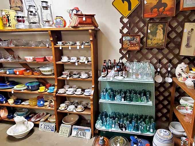Teacups, vintage glassware, and license plates galore&mdash;this corner alone could keep you hunting for hours.