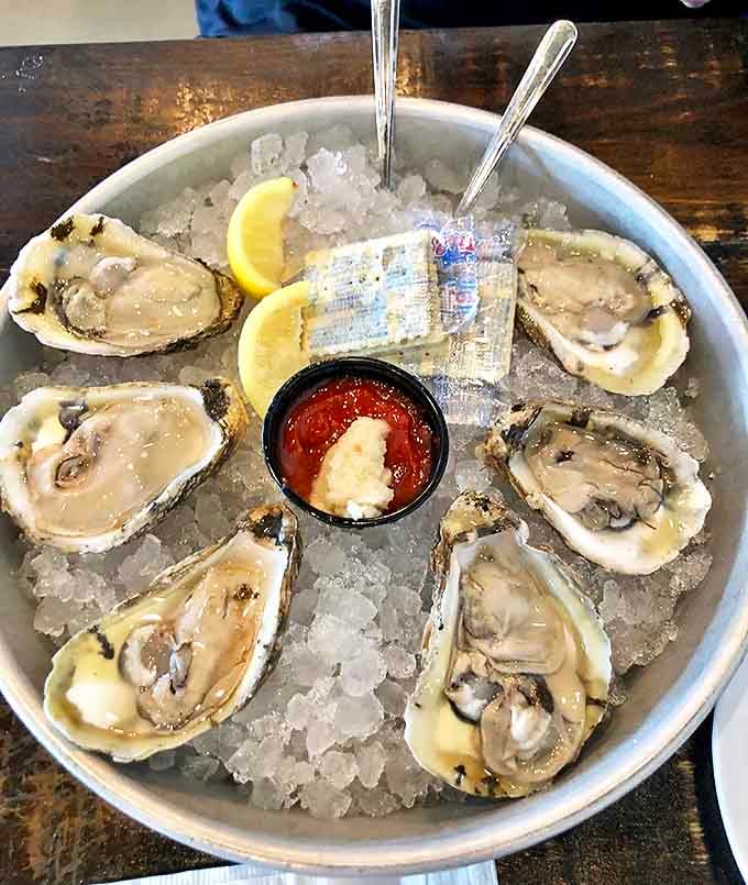 Briny perfection on a bed of ice&mdash;these oysters aren't just served, they're showcased, each one a perfect little taste of the Delaware coast.