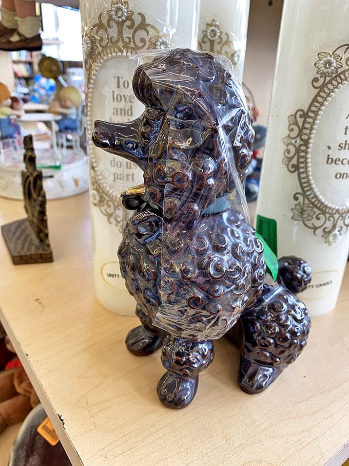 This ceramic poodle isn't just decor&mdash;it's someone's future conversation piece. "Yes, I found him at Thrift World, and no, he's not for sale."