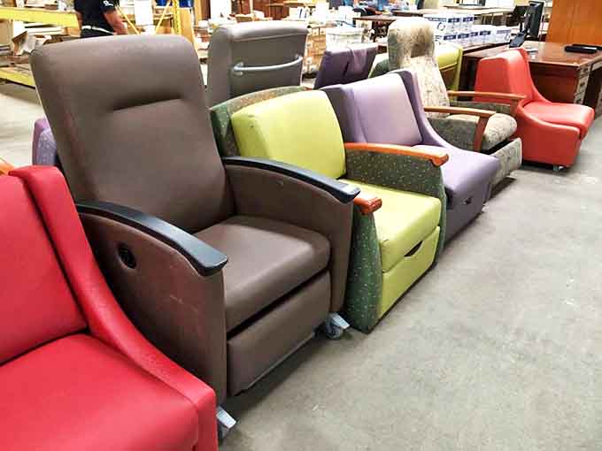 A rainbow of recliners awaits new living rooms, each with its own personality and stories to tell.