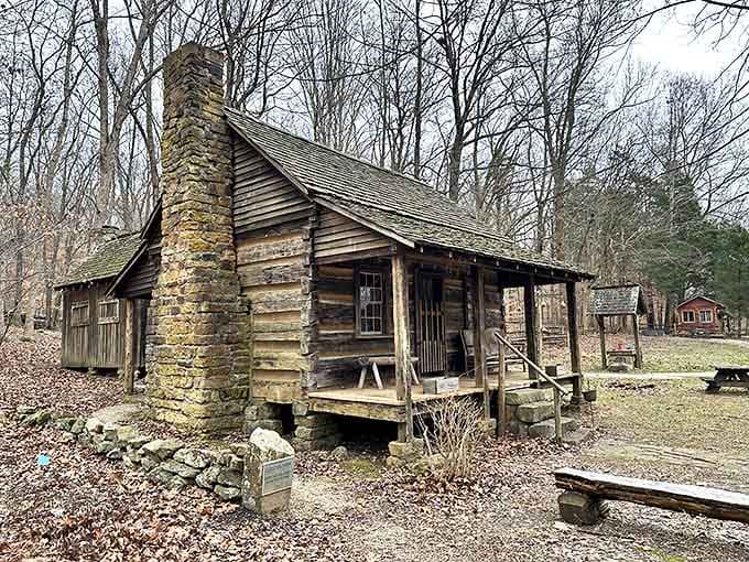 This pioneer cabin whispers stories of a simpler time. The stone chimney has probably heard more Indiana tales than any history book.