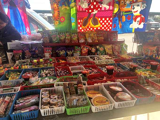 Snack heaven organized in plastic baskets&mdash;where Mexican treats meet American classics. Diet plans come here to die happy deaths.