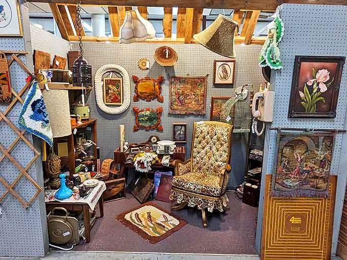 This isn't decorating—it's time travel. A perfectly preserved living room setup from when avocado green was cutting edge and shag carpeting was aspirational.