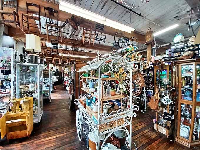 Industrial bones meet treasure trove soul. The mill's original wooden beams watch over an organized chaos of vintage finds that would make Marie Kondo simultaneously faint and rejoice.