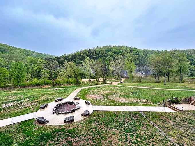 A stone fire pit anchors this gathering space, where stories and s'mores are shared under Missouri skies that seem impossibly vast.