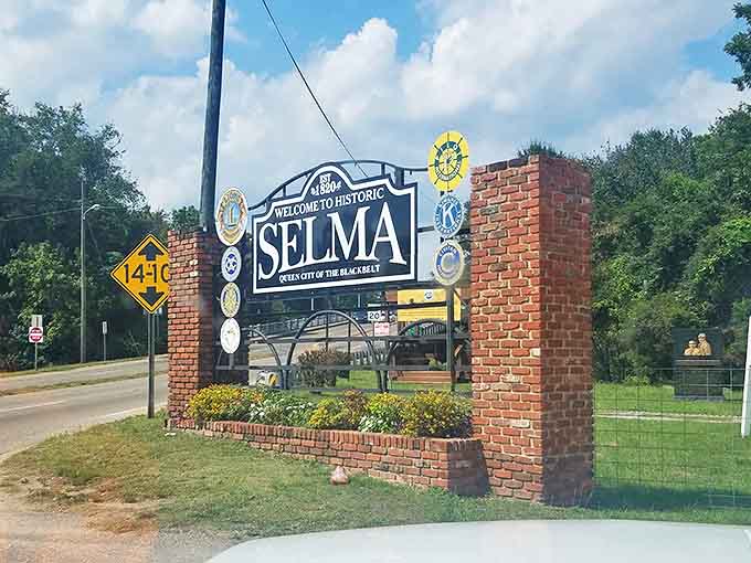 Queen City of the Black Belt proudly announces this welcoming brick gateway. The civic pride is as solid as the structure itself.