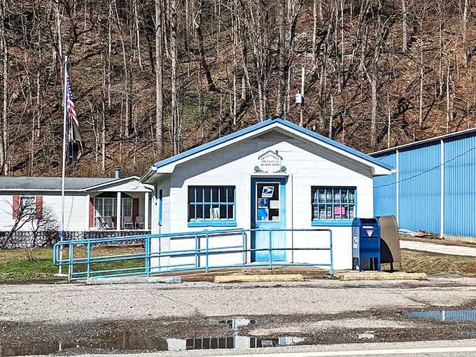 The Belva Post Office stands as a humble community hub where neighbors still exchange news along with their mail.