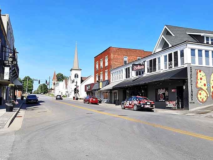 Central City's inviting main street features local businesses, a church steeple, and the small-town charm that makes Kentucky living so affordable.