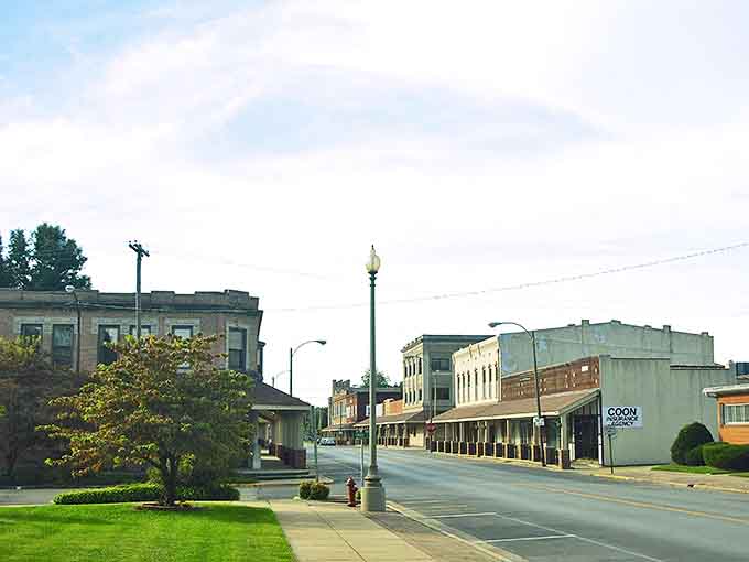 Charleston's charming downtown area showcases classic small-town architecture where neighbors gather and local businesses create a welcoming community atmosphere.