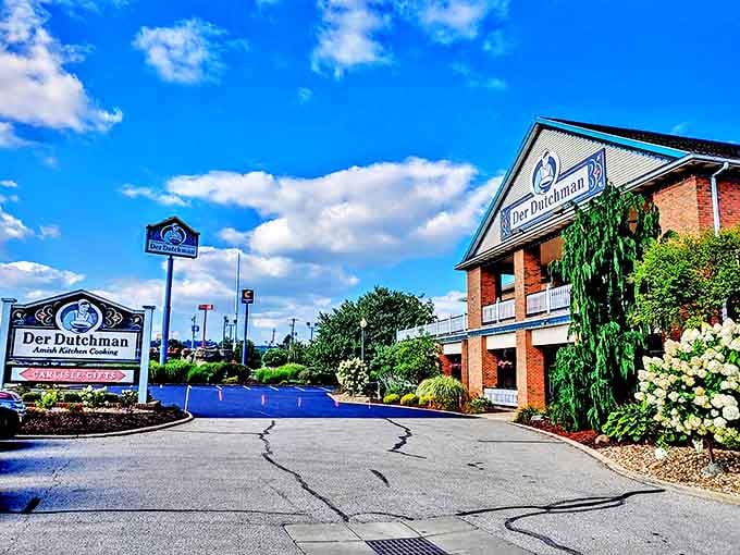 Impressive brick architecture and beautiful landscaping set the stage for a legendary Amish feast experience.