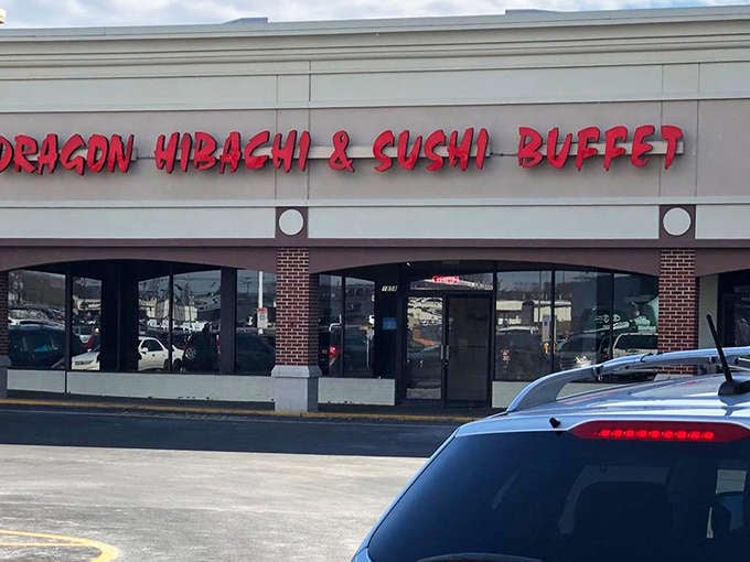Dragon Hibachi's bold red lettering announces its presence with confidence. No subtle hints here&mdash;just a clear invitation to feast!