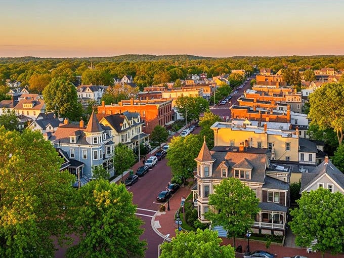 Golden hour paints Egg Harbor City's rooftops, revealing a charming town where affordability meets small-town character.