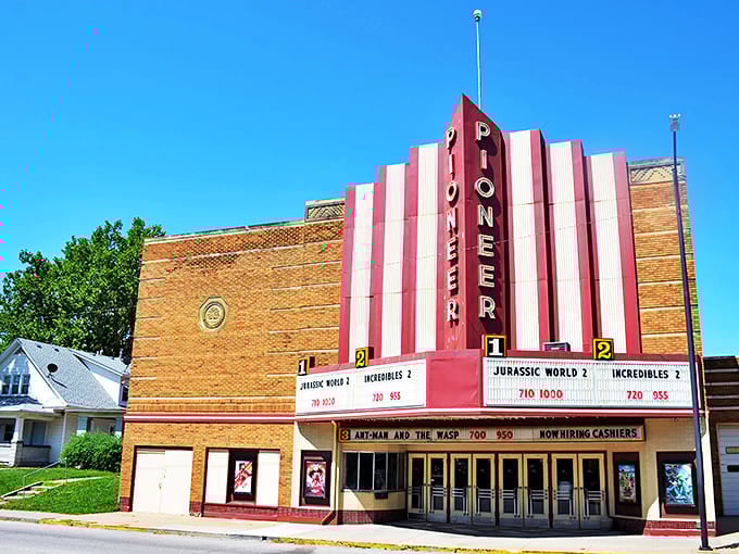 The Pioneer Theater in Nebraska City showcases classic art deco design with its striking red and white marquee, bringing movie magic to this small Nebraska town.