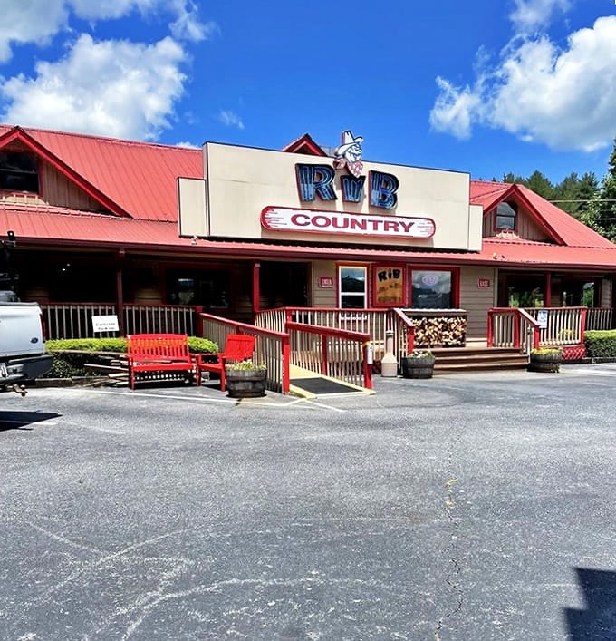 Those bright red benches outside Rib Country are like nature's way of saying, "Sit down and enjoy these ribs, friend."