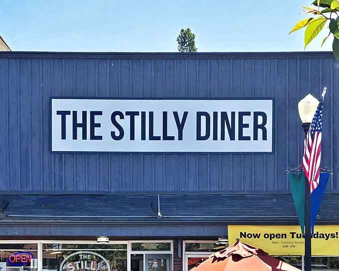 The Stilly Diner's bold, no-nonsense sign tells you exactly what you need to know &ndash; great food awaits inside this blue building.