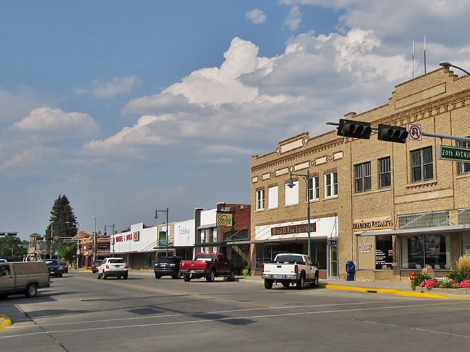 Historic downtown Torrington showcases charming brick buildings under Wyoming's vast blue skies, where life moves at a gentle pace.