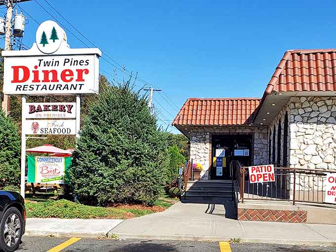 Twin Pines Diner breaks the chrome mold with rustic stone and warm lighting. Those little evergreen logos hint at the natural beauty surrounding this East Haven gem.