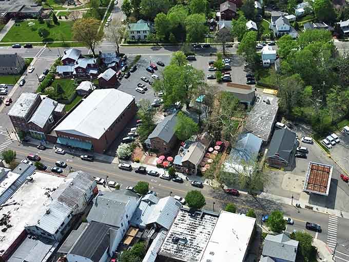 Aerial view reveals the secret: everything you need fits in a few charming blocks.