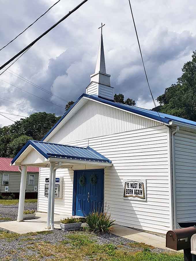 This charming white church in Belva, with its striking blue doors, reminds us that small-town faith still brings communities together.