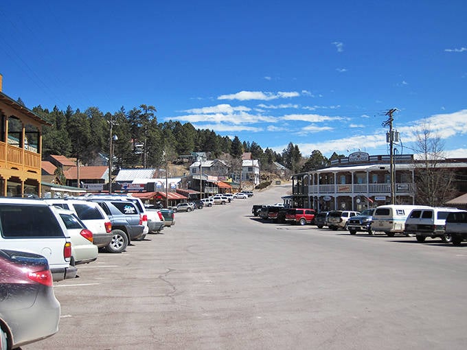 Cloudcroft's main street welcomes visitors with rustic charm, mountain air, and blue skies that promise adventure in this high-altitude getaway.