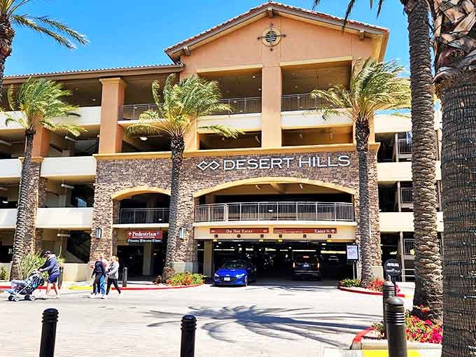 Multi-level shopping with desert mountain views. Parking structures never looked so inviting when designer bargains await inside!