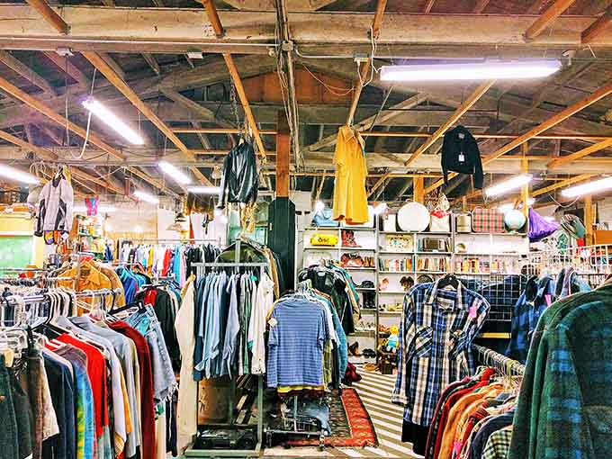 Step into a time capsule where vintage clothing hangs like art pieces from another era.