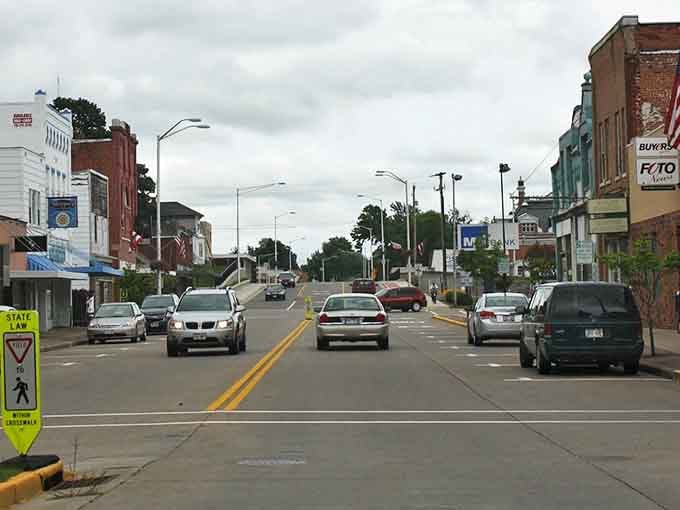 Classic brick buildings line Merrill's streets, offering a picturesque backdrop for morning coffee walks on a fixed income.