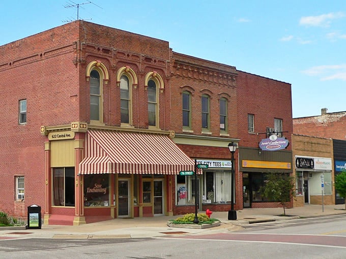 Nebraska City's historic downtown features beautifully preserved brick buildings with ornate details and colorful awnings, creating that perfect Smallville atmosphere.