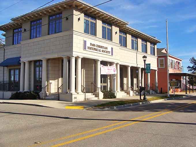 The Pass Christian Historical Society building stands proudly downtown, preserving the town's rich coastal heritage for visitors to explore.