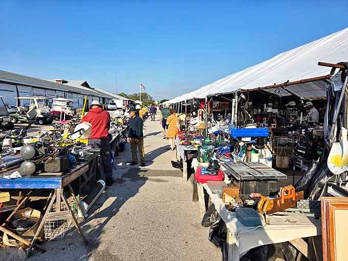 Under those long pavilions, vendors display their wares while shoppers hunt for their perfect finds.