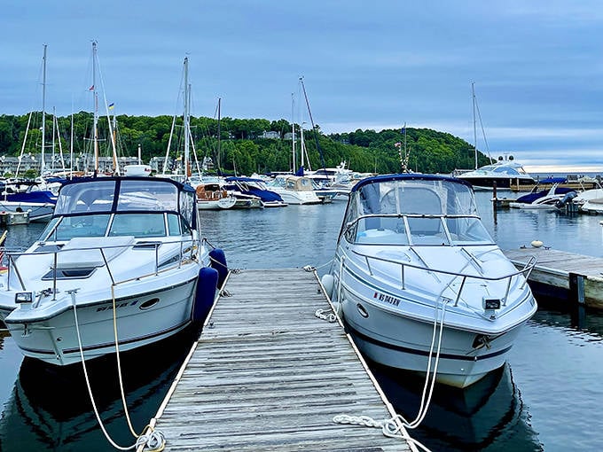 The marina at Sister Bay is boat-candy for landlubbers, where even non-sailors find themselves googling "how much is a small yacht?"