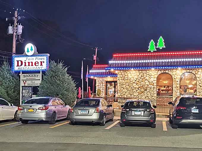 Twin Pines lights up the night like a cozy cabin in diner form. The perfect spot for pancakes after an evening showing of your grandkid's school play.