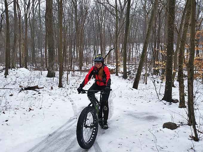 Winter transforms Stephens State Park into a fat-tire cyclist's playground, where the only traffic jam is the one between your brain saying "careful" and your heart saying "faster!"