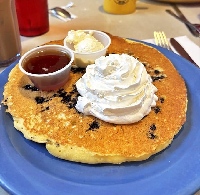 A blueberry pancake topped with whipped cream that stands like the Matterhorn. Maine's wild berries transformed into breakfast perfection.
